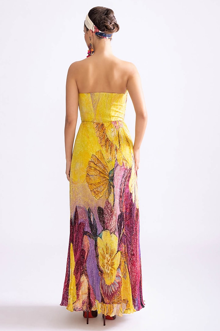 Yellow & Purple Chiffon Daisy Printed Strapless Corset-Style Dress by ...