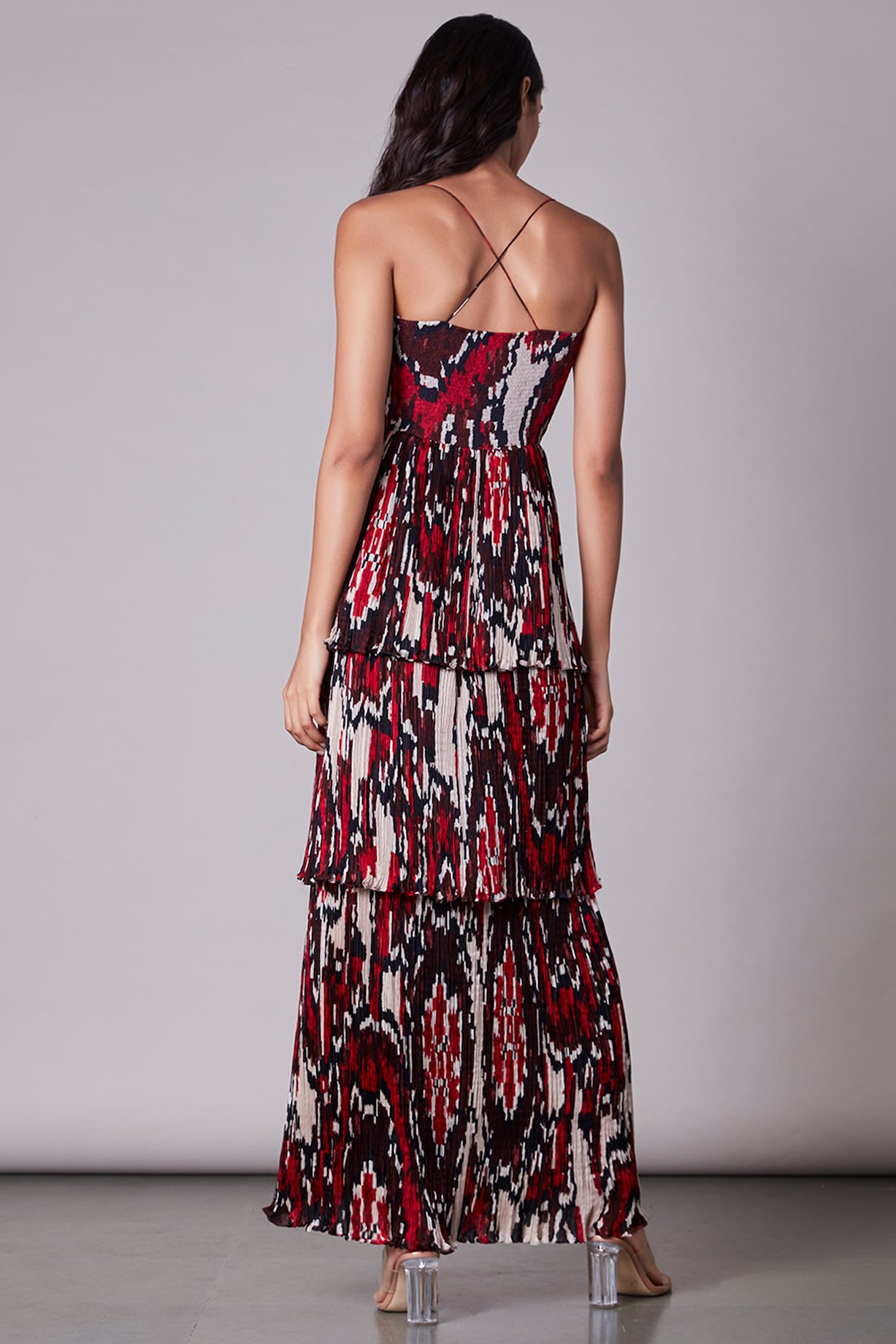 Multi Colored Chiffon Ikkat Printed Tiered Dress By Saaksha And Kinni At