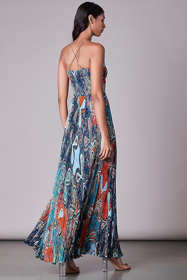 Multi Colored Printed Hand Micro Pleated Dress By Saaksha And Kinni At