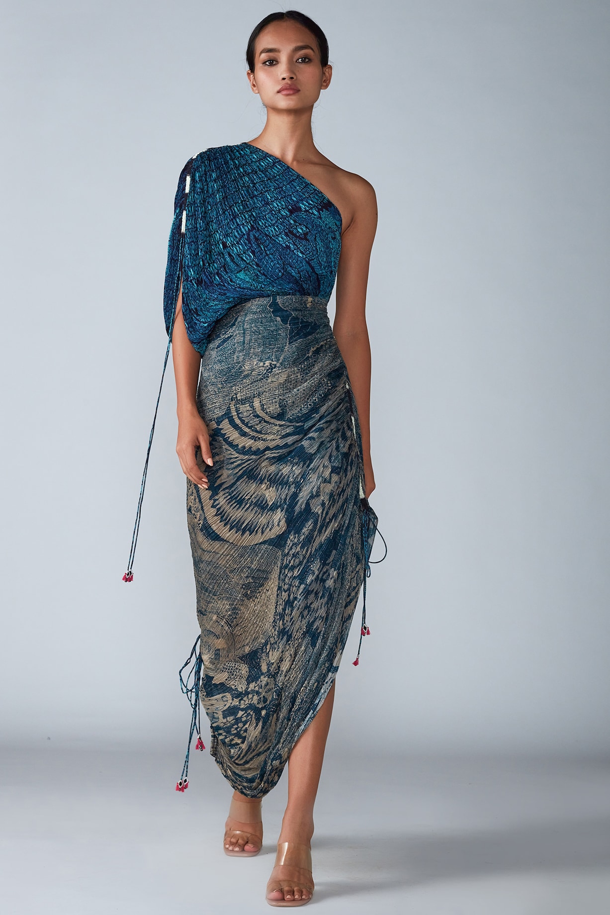 Blue Cotton Silk Printed Saree Dress By Saaksha And Kinni At Pernias Pop