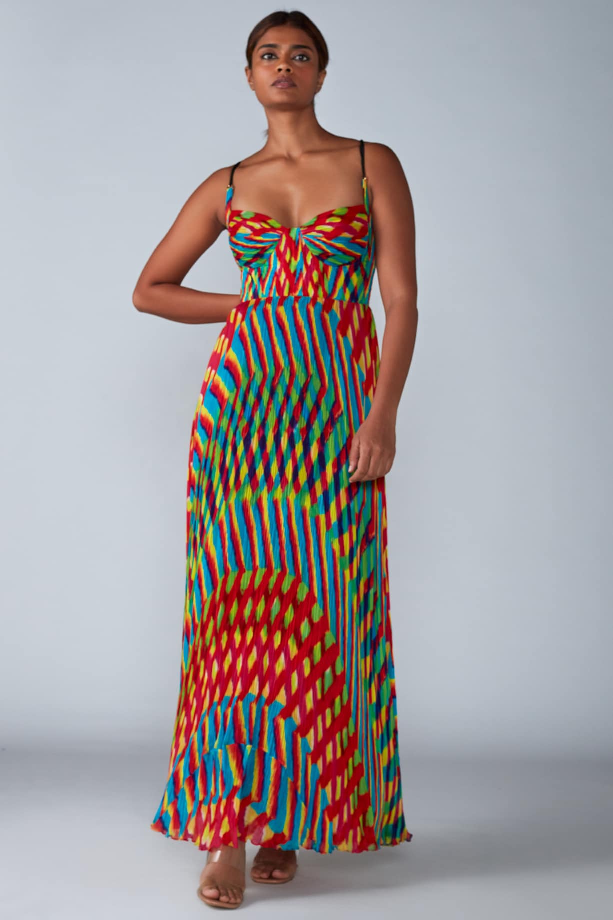 Multi Colored Chiffon Leheriya Printed Pleated Maxi Dress By Saaksha