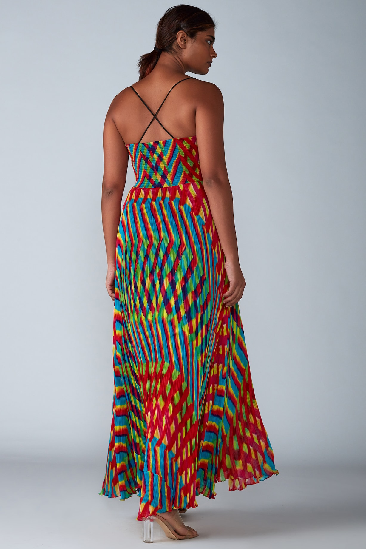 Multi Colored Chiffon Leheriya Printed Pleated Maxi Dress By Saaksha