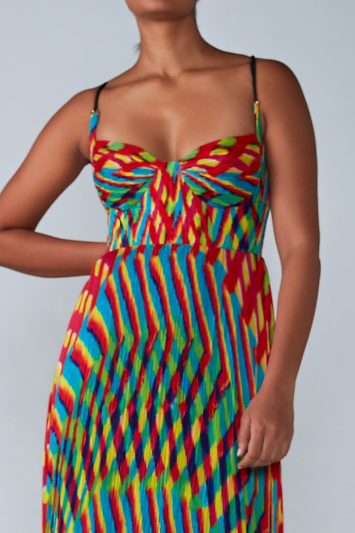 Multi Colored Chiffon Leheriya Printed Pleated Maxi Dress By Saaksha