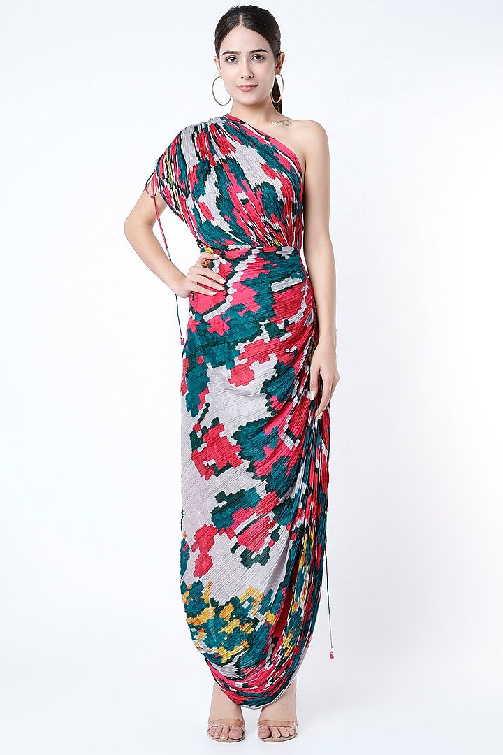 Multi Colored Cotton Silk And Chiffon Printed Micro Pleated Dress By
