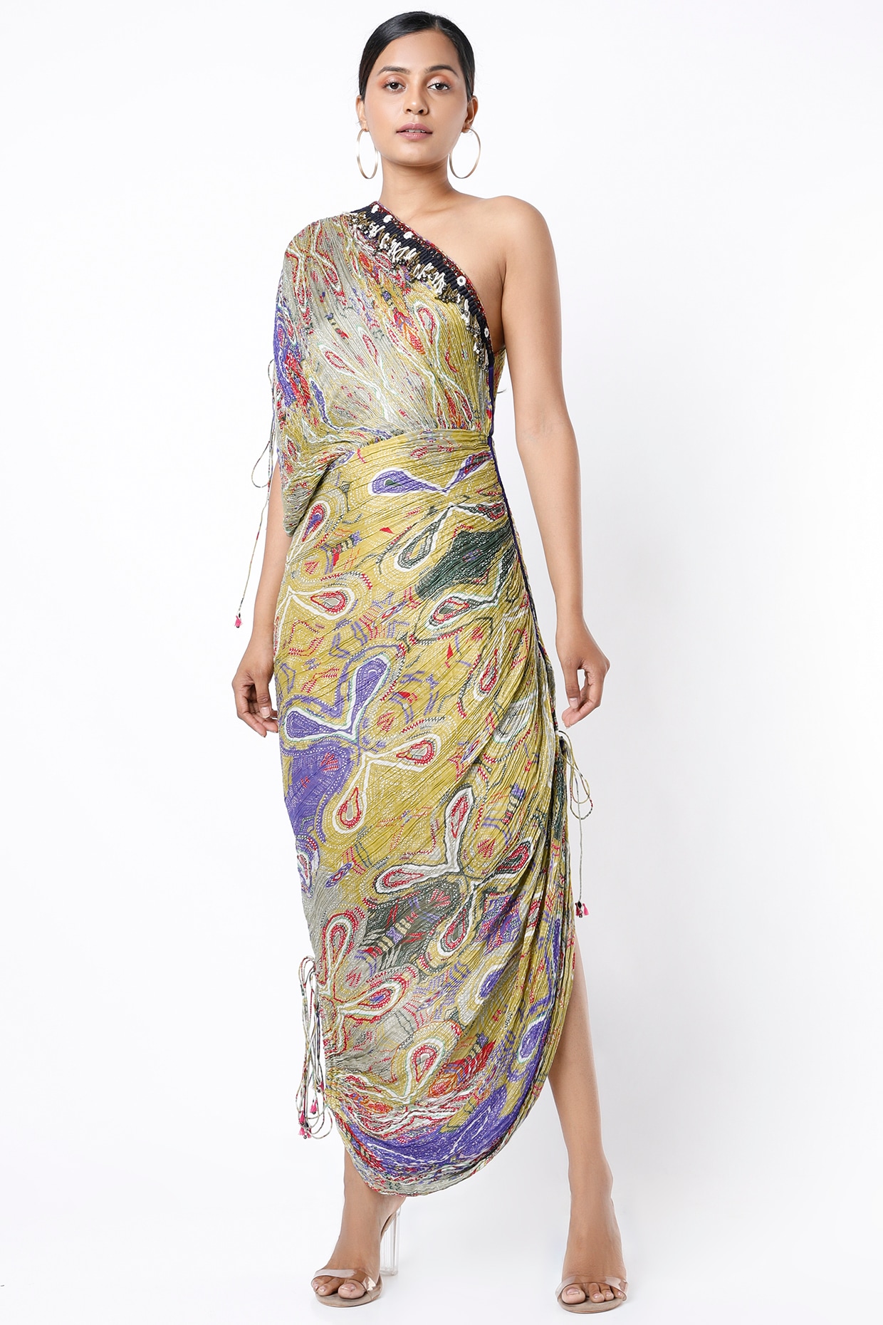 Lime Cotton Silk Swiggle Printed Micro-Pleated Saree Dress by Saaksha ...