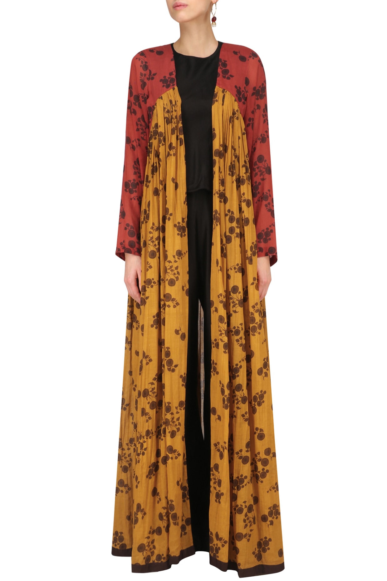 Mustard and red floral print floor length jacket available only at ...