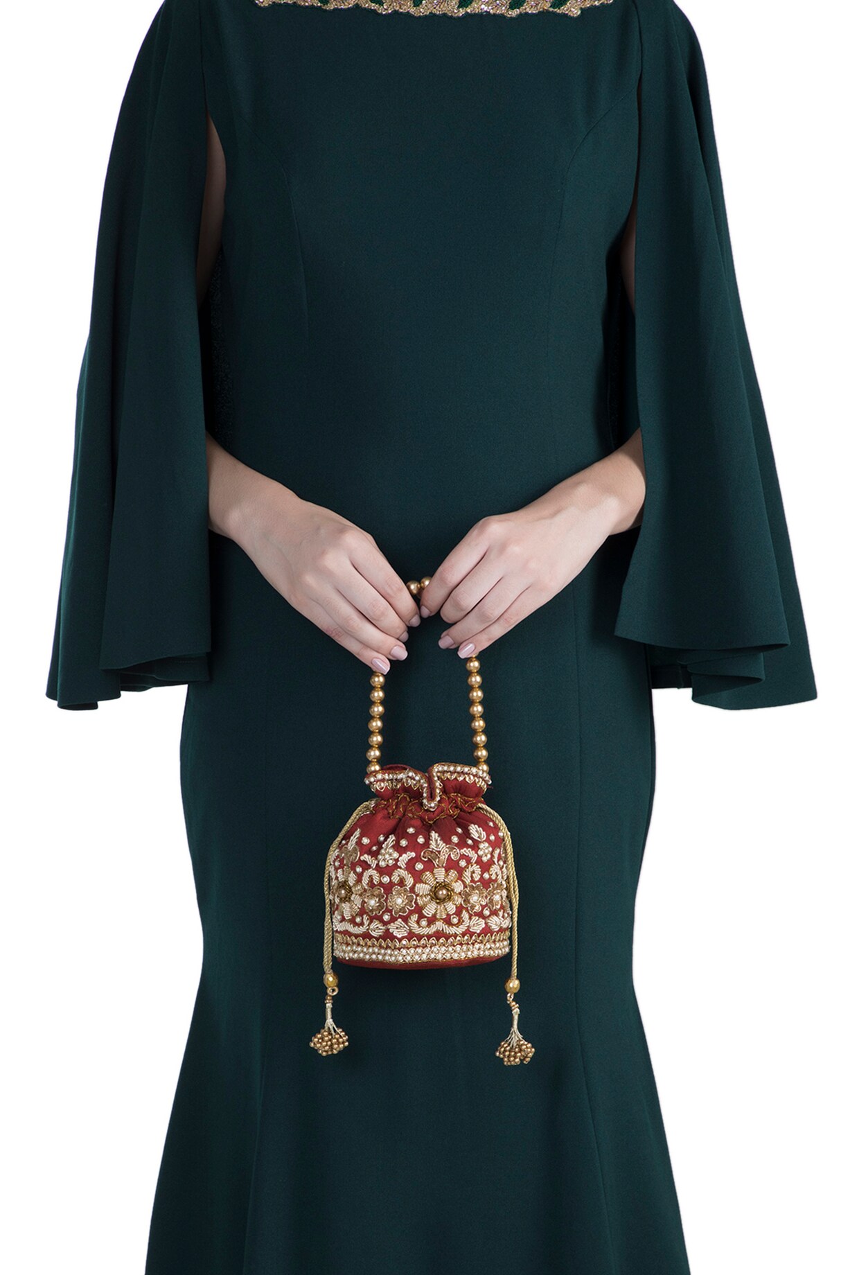 Maroon Embroidered Raw Silk Potli by SONNET at Pernia's Pop Up Shop 2025