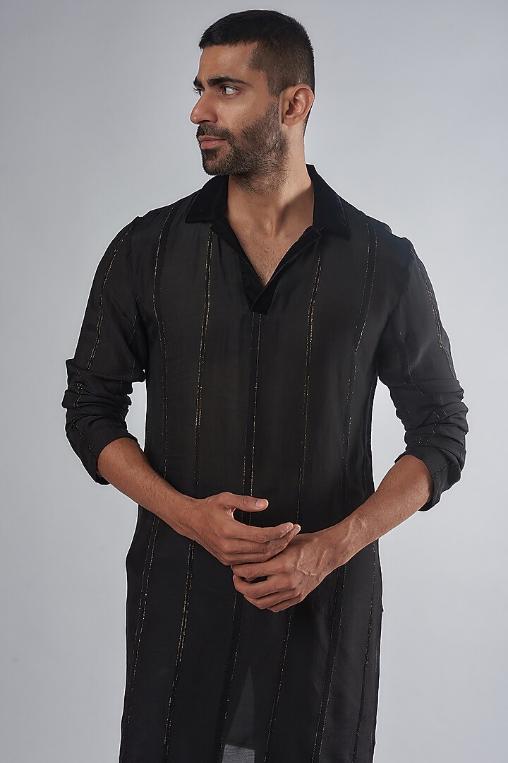 Black Muslin Cotton Embroidered Pathani Kurta Design by SUHAIL HAFEEZ ...