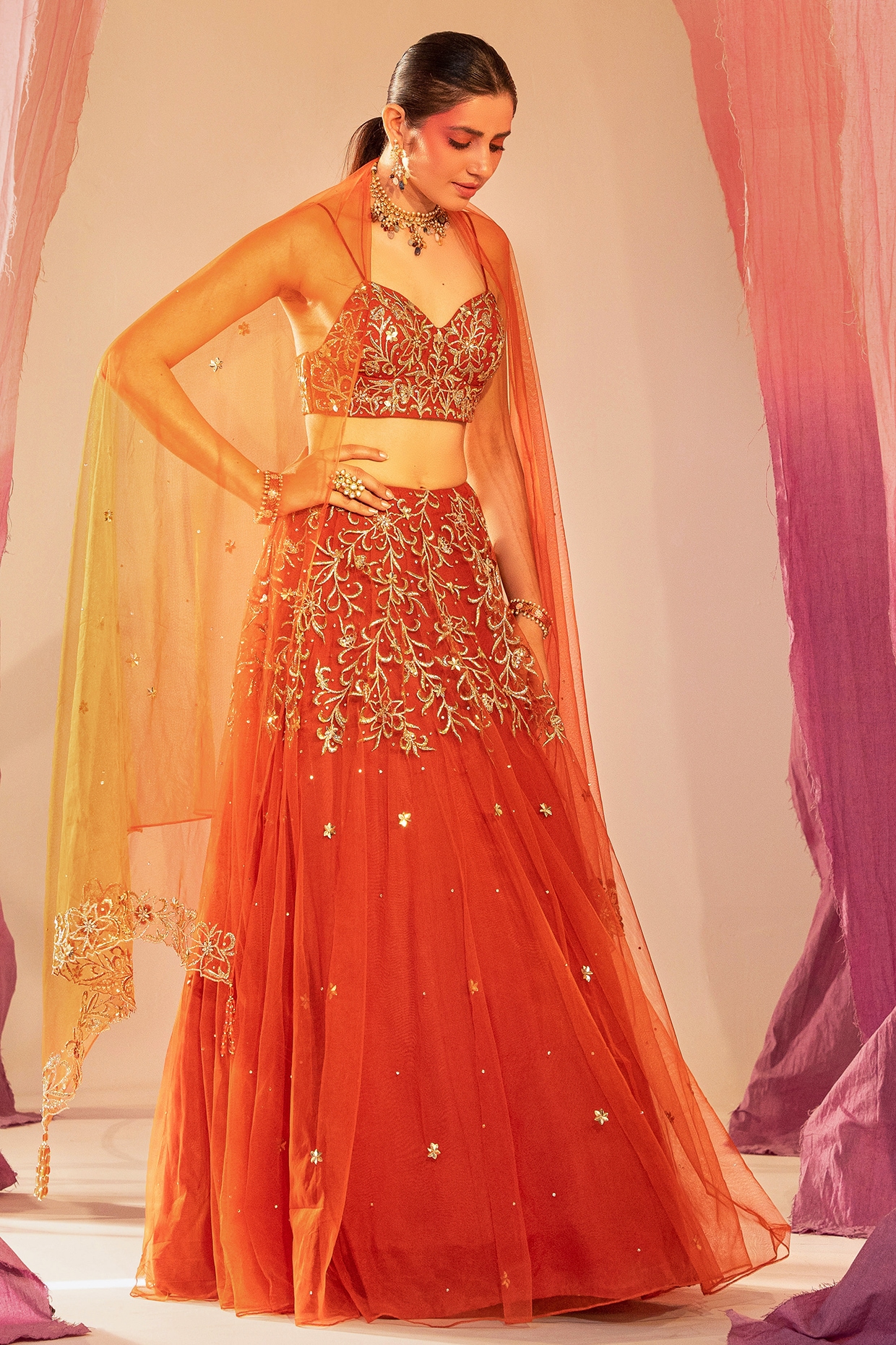 Rust Orange Net & Shantoon Embroidered Wedding Lehenga Set by Silky ...