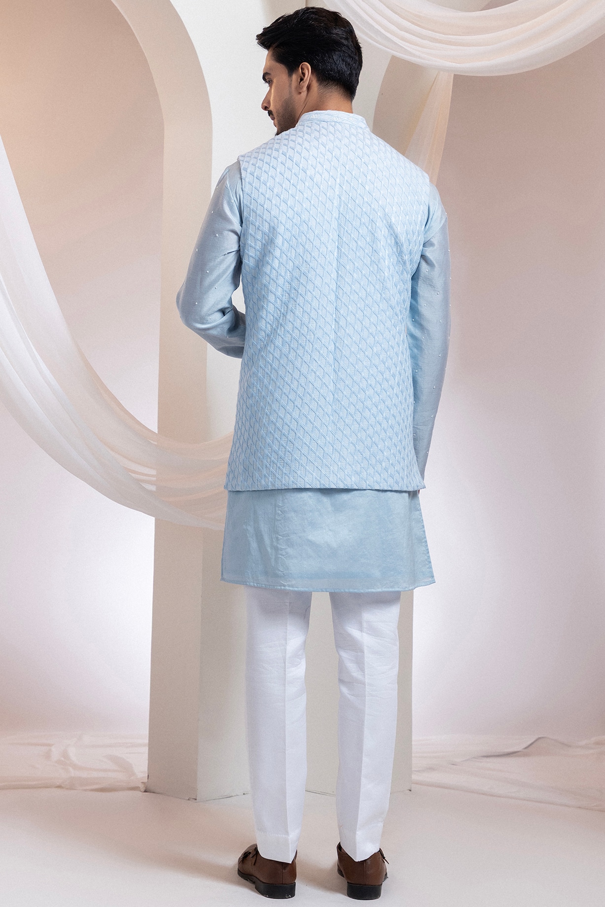 Powder Blue Cotton Embroidered Nehru Set by Smriti By Anju Agarwal Men ...