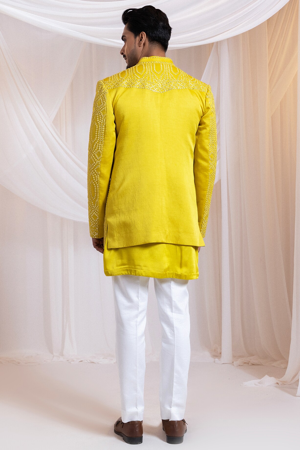 Yellow Linen Satin Mirror Work Achkan Set by Smriti By Anju Agarwal Men ...