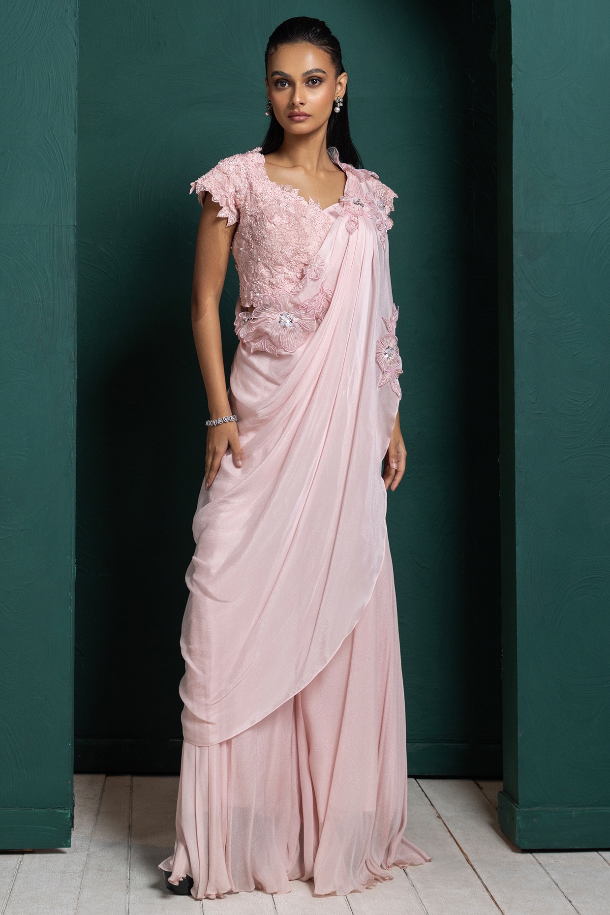 Soft Pink Chinon Draped Pant Set by Smriti by Anju Agarwal at Pernia's Pop Up Shop 2025