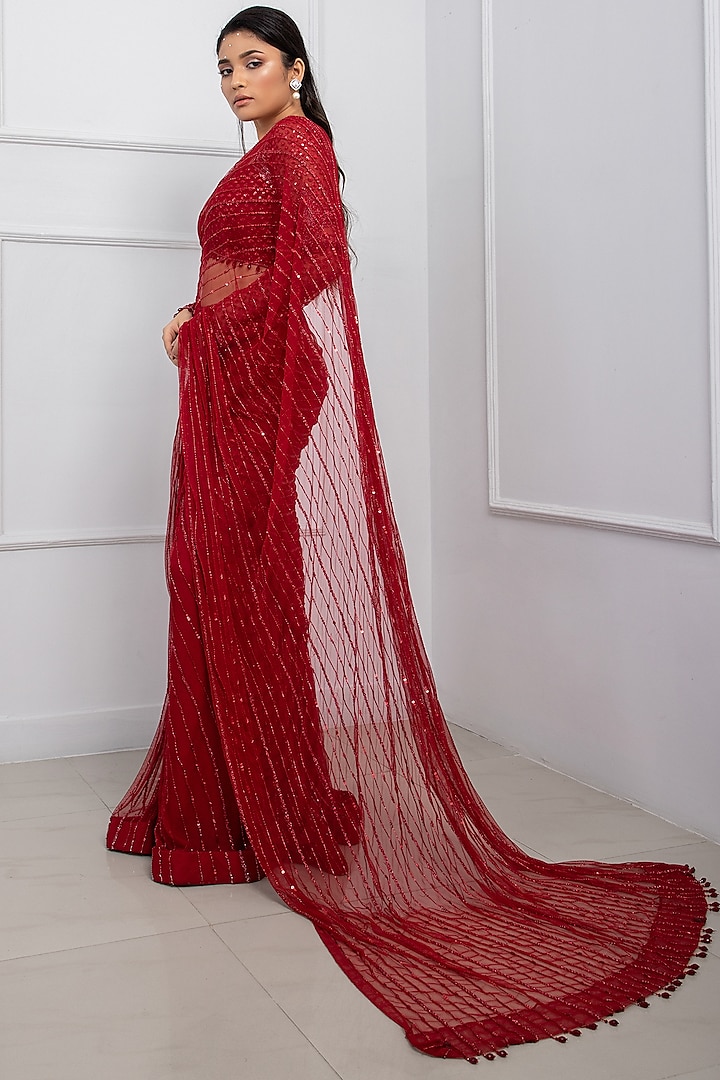 Ruby Red Net & Crepe Embroidered Draped Saree Set by Smriti by Anju Agarwal at Pernia's Pop Up ...