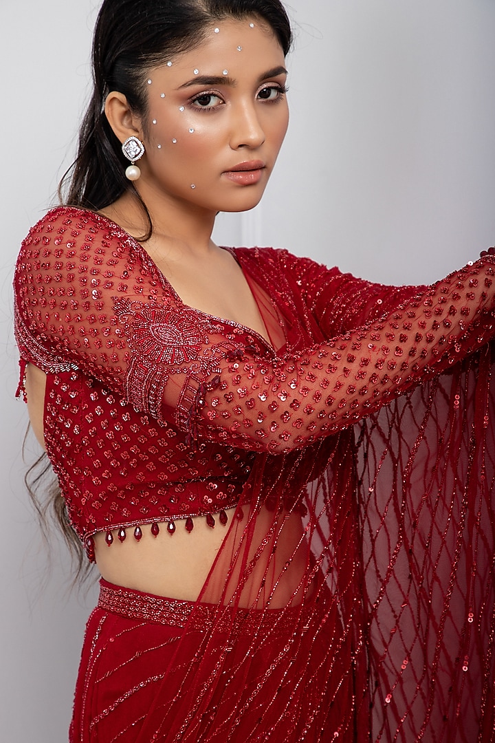 Ruby Red Net & Crepe Embroidered Draped Saree Set by Smriti by Anju Agarwal at Pernia's Pop Up ...