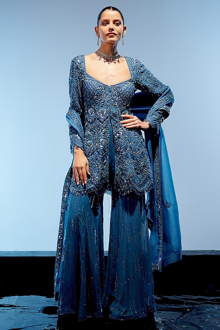 Marine Blue Georgette & Organza Sharara Set by Miku Kumar at Pernia's ...