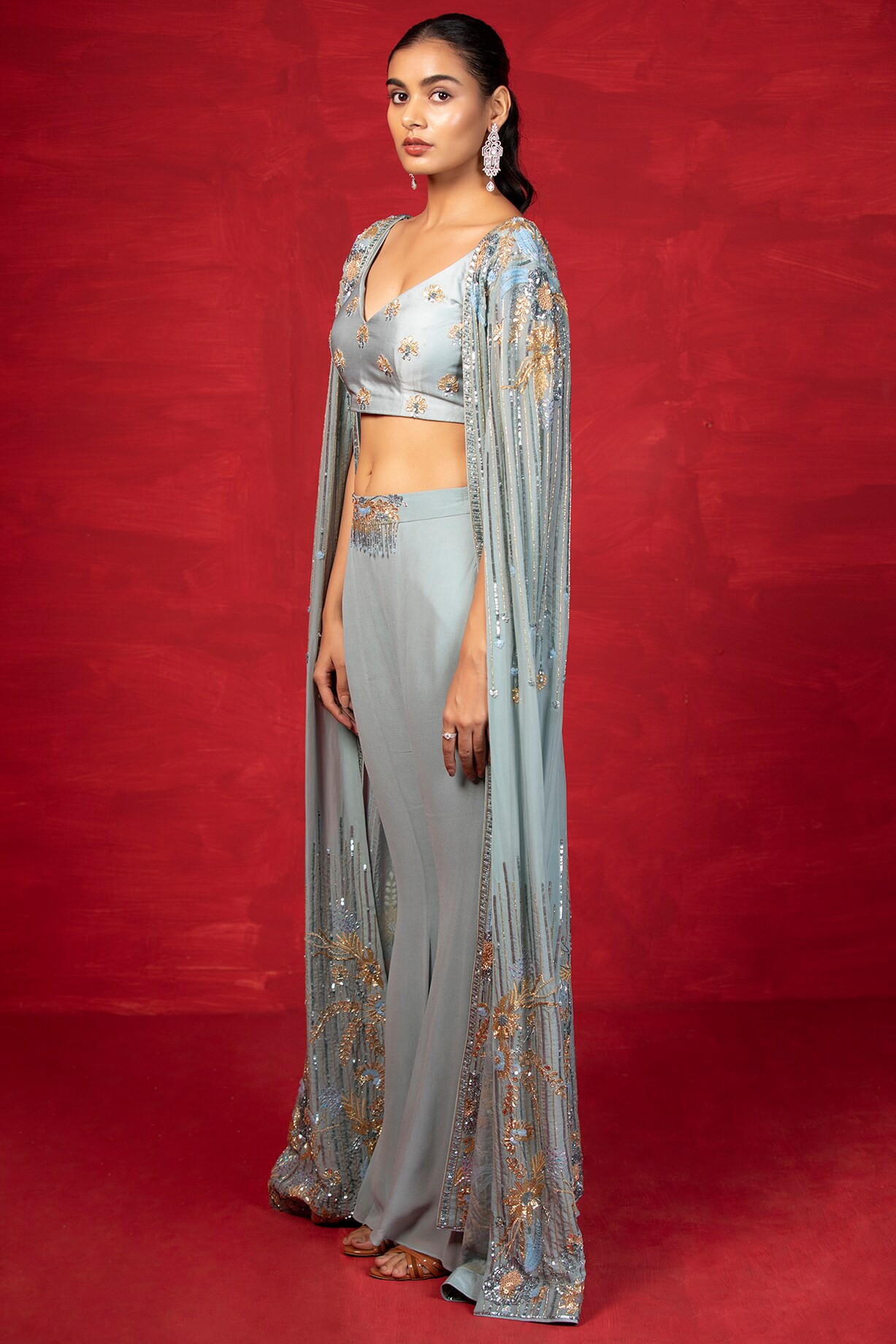 Powder Blue Embroidered Cape Set by Miku Kumar at Pernia's Pop Up Shop 2026
