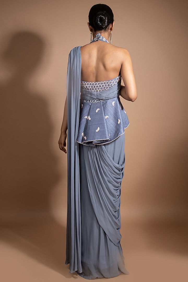 Ash Grey Raw Silk Embroidered Draped Gown by Sammohi By Moksha & Hiral ...