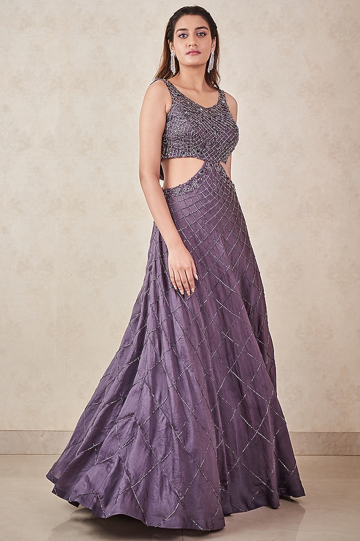Ash Grey Silk Organza Hand Embellished Cowl Gown by Sammohi By Moksha ...