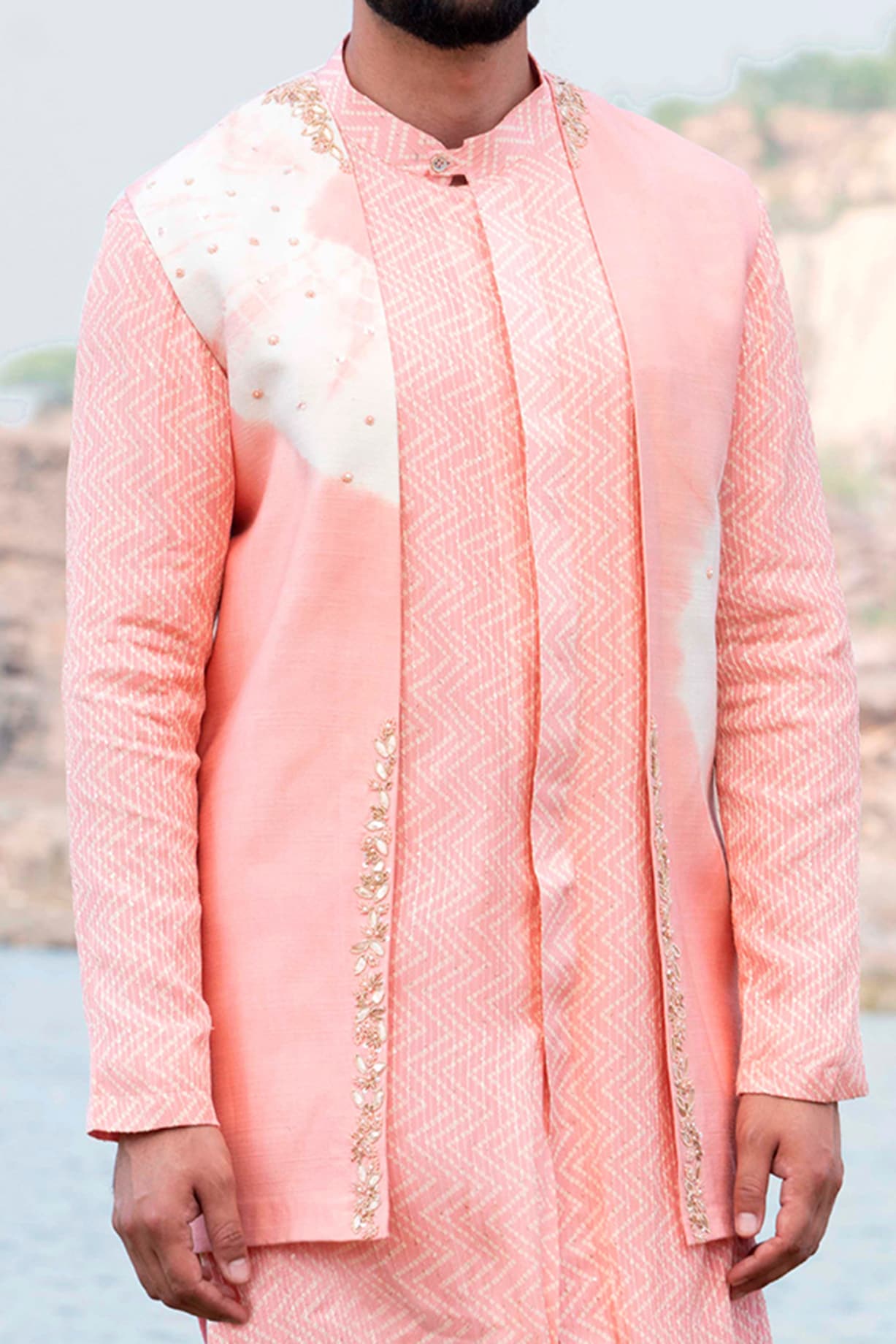 Baby Pink Kurta Set With Embroidered Waistcoat Design by Soniya G Men ...