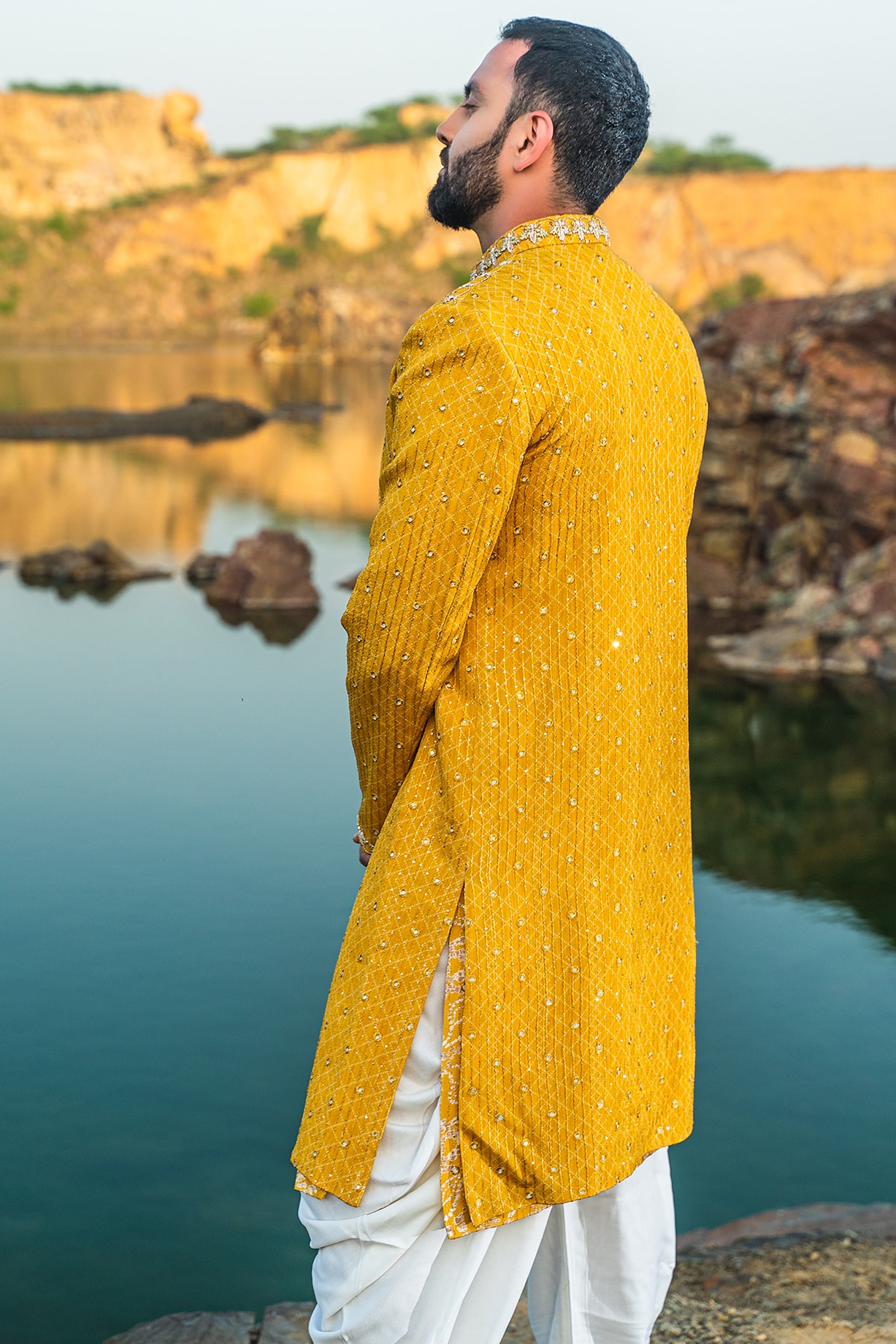 Yellow Embroidered Indowestern Wedding Sherwani Set by Soniya G Men at ...