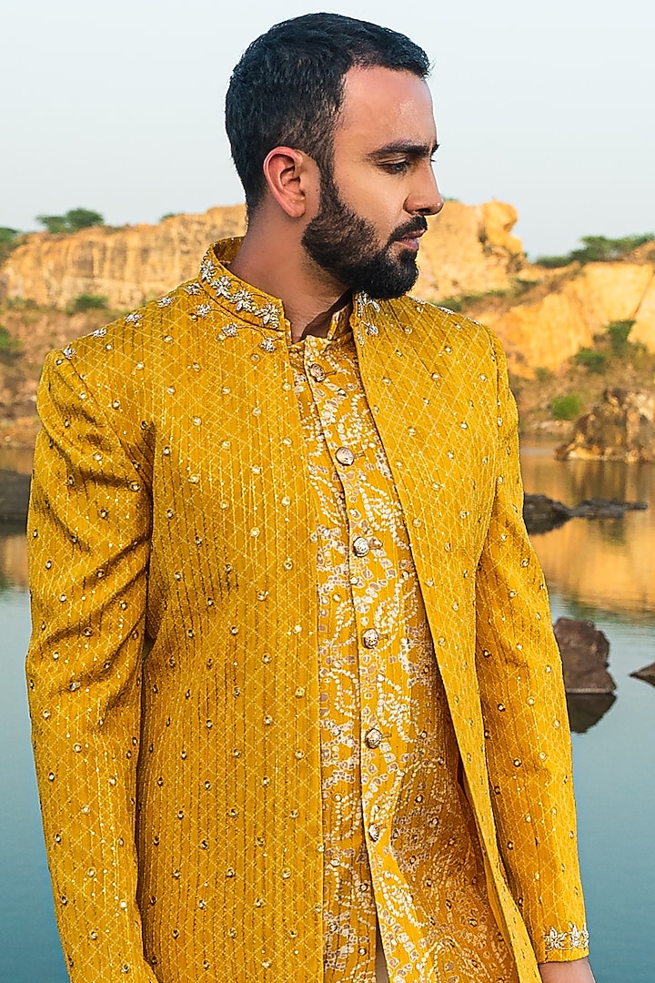 Yellow Embroidered Indowestern Wedding Sherwani Set by Soniya G Men at ...