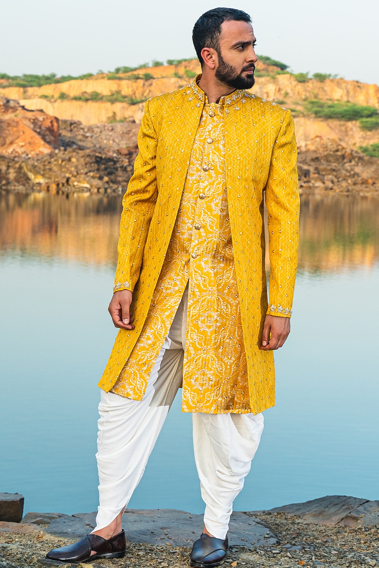 Yellow Embroidered Indowestern Wedding Sherwani Set by Soniya G Men at ...