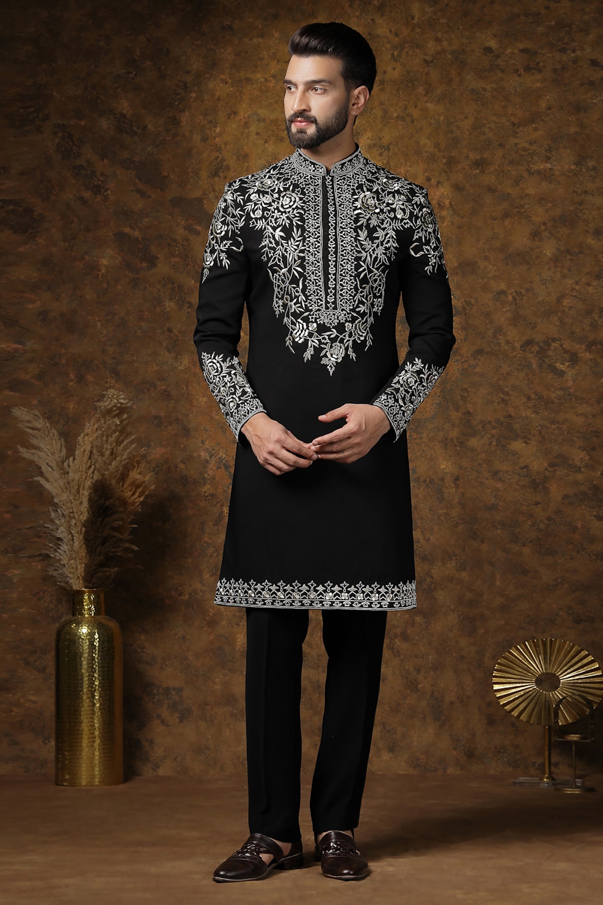 Silver Japanese Fabric Thread Embroidered Kurta Set by Soniya G Men at ...