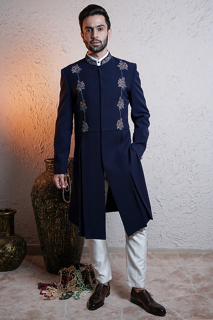 Navy Blue Embroidered Indo-Western Set Design by Soniya G Men at Pernia's Pop Up Shop 2024