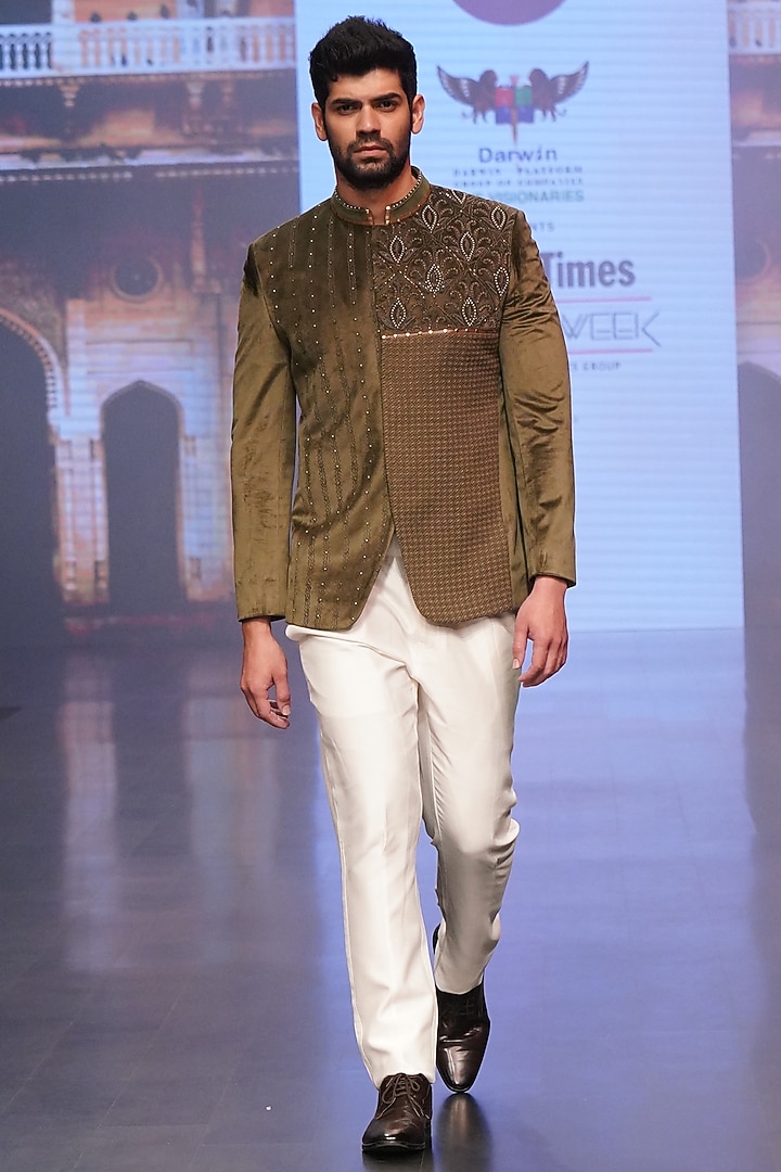 Olive Green Velvet Jodhpuri Set by Soniya G Men at Pernia's Pop Up Shop ...