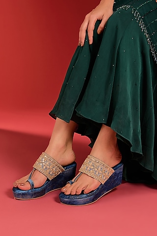 Blue Synthetic Leather Sequins Embellished Open-Toe Wedges by Sana K ...
