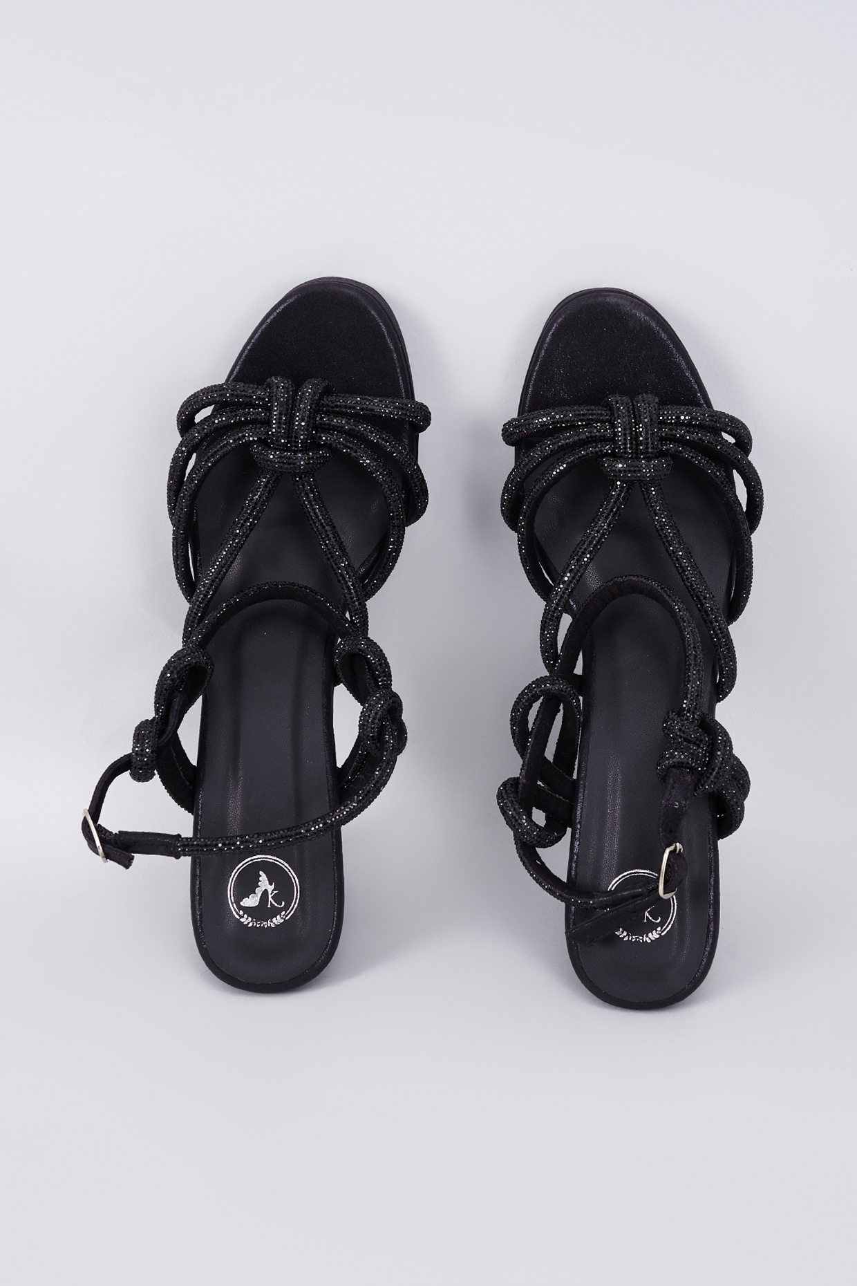 Black Synthetic & Vegan Rhinestone Embellished Bell Bottom Heels by ...