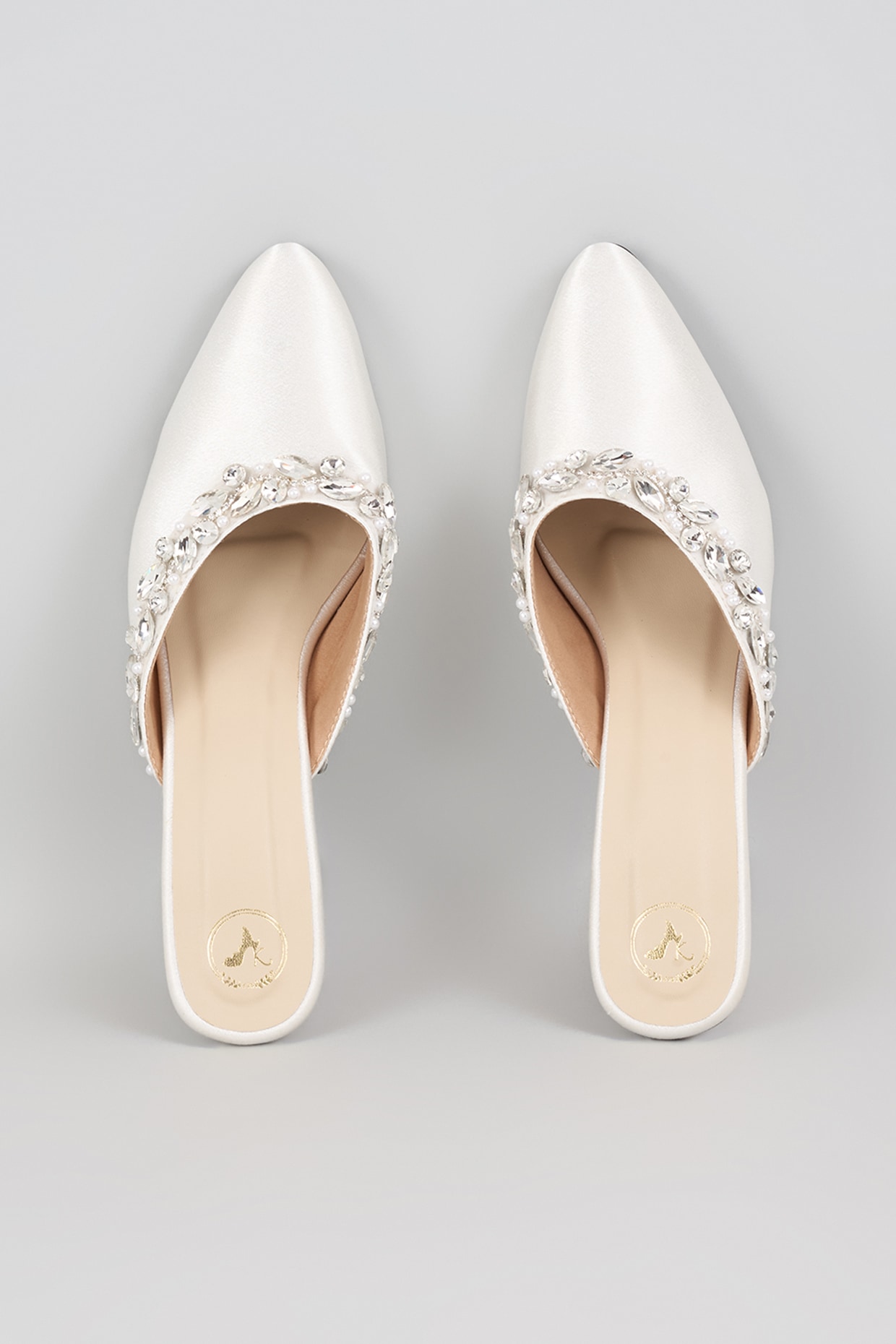 White Satin Crystal Work Mules by Sana K Luxurious Footwear at Pernia's ...