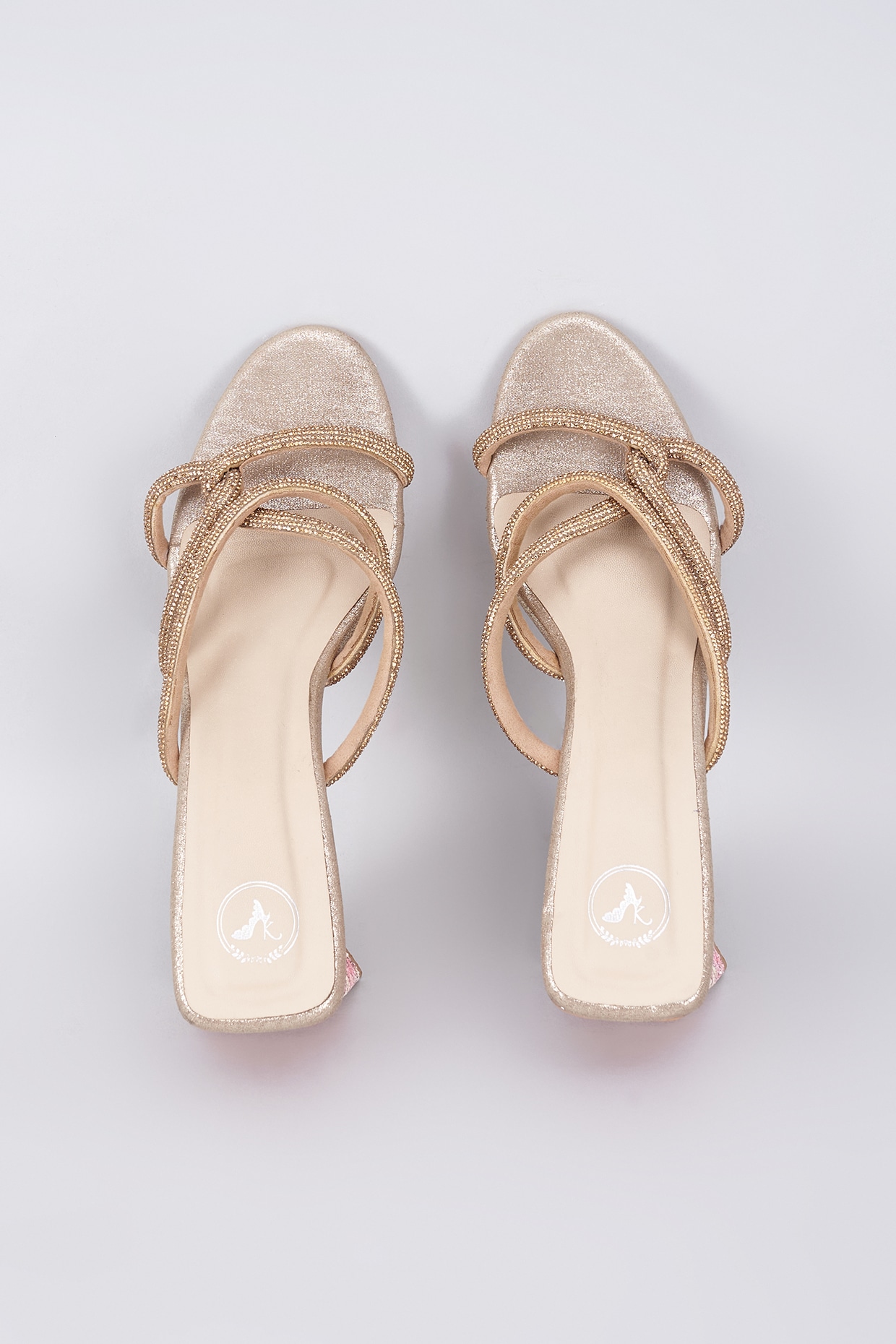 Gold Vegan Rhinestone String Embellished Heels by Sana K Luxurious ...