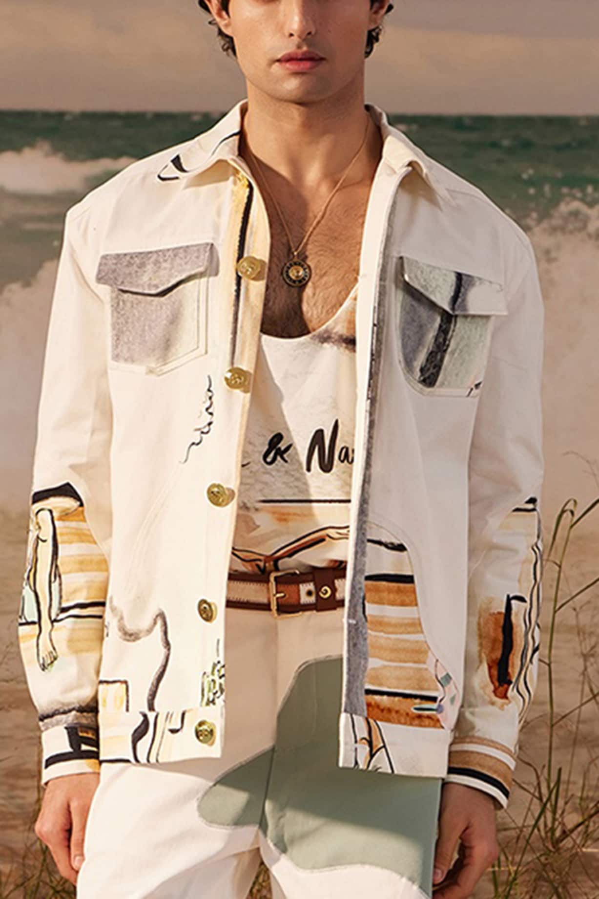Ivory Cotton Denim Printed Panelled Shacket by Shivan & Narresh Men at ...