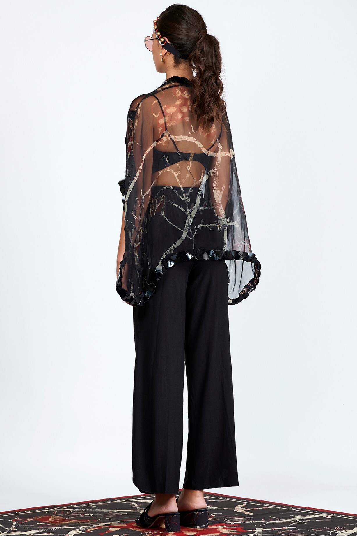 Black Embroidered & Printed Sheer Cape Design by Shivan & Narresh at ...