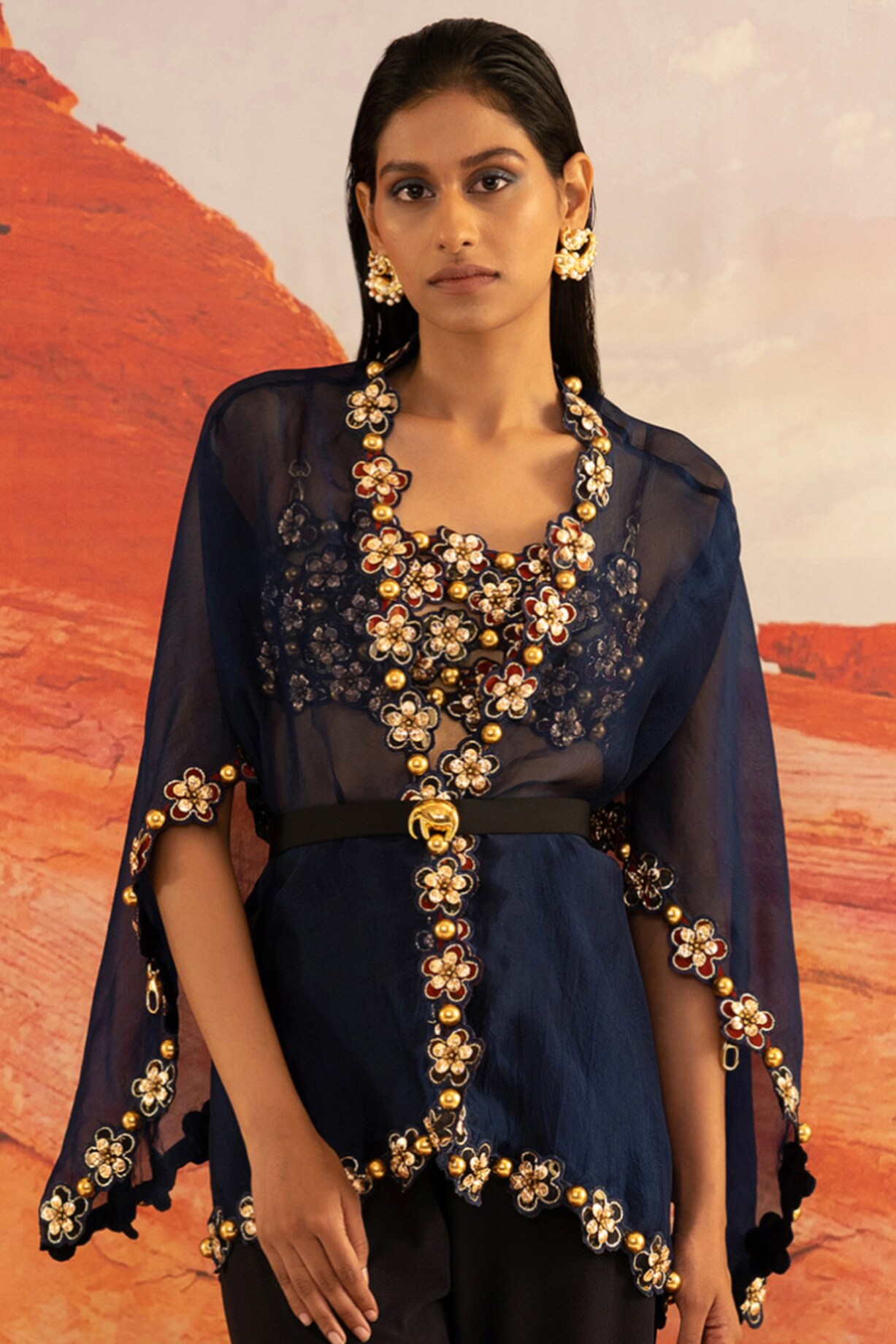 Sapphire Silk Organza Cape by Shivan & Narresh at Pernia's Pop Up Shop 2026