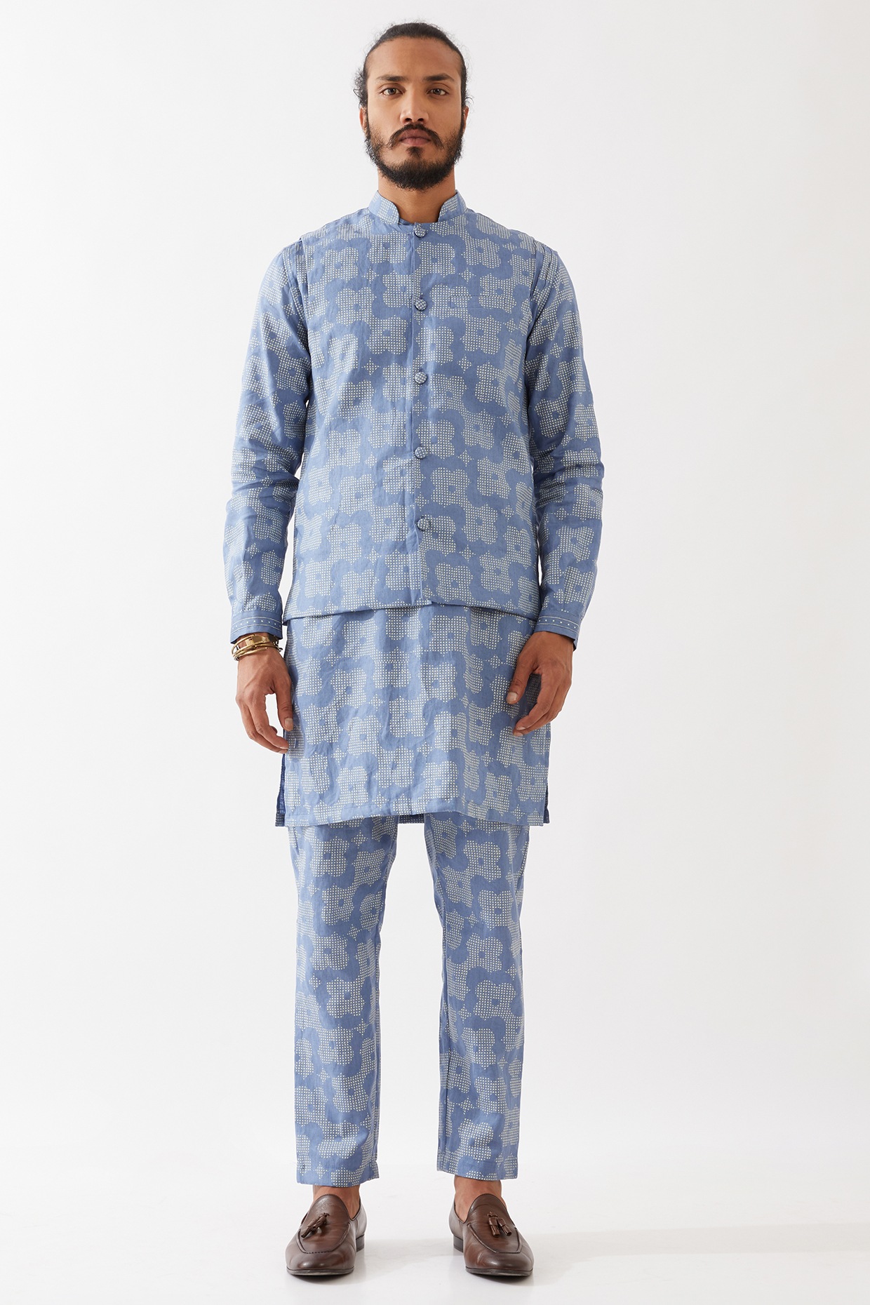 Blue Linen Printed Bundi Jacket Set by Son Of A Noble SNOB Men at ...