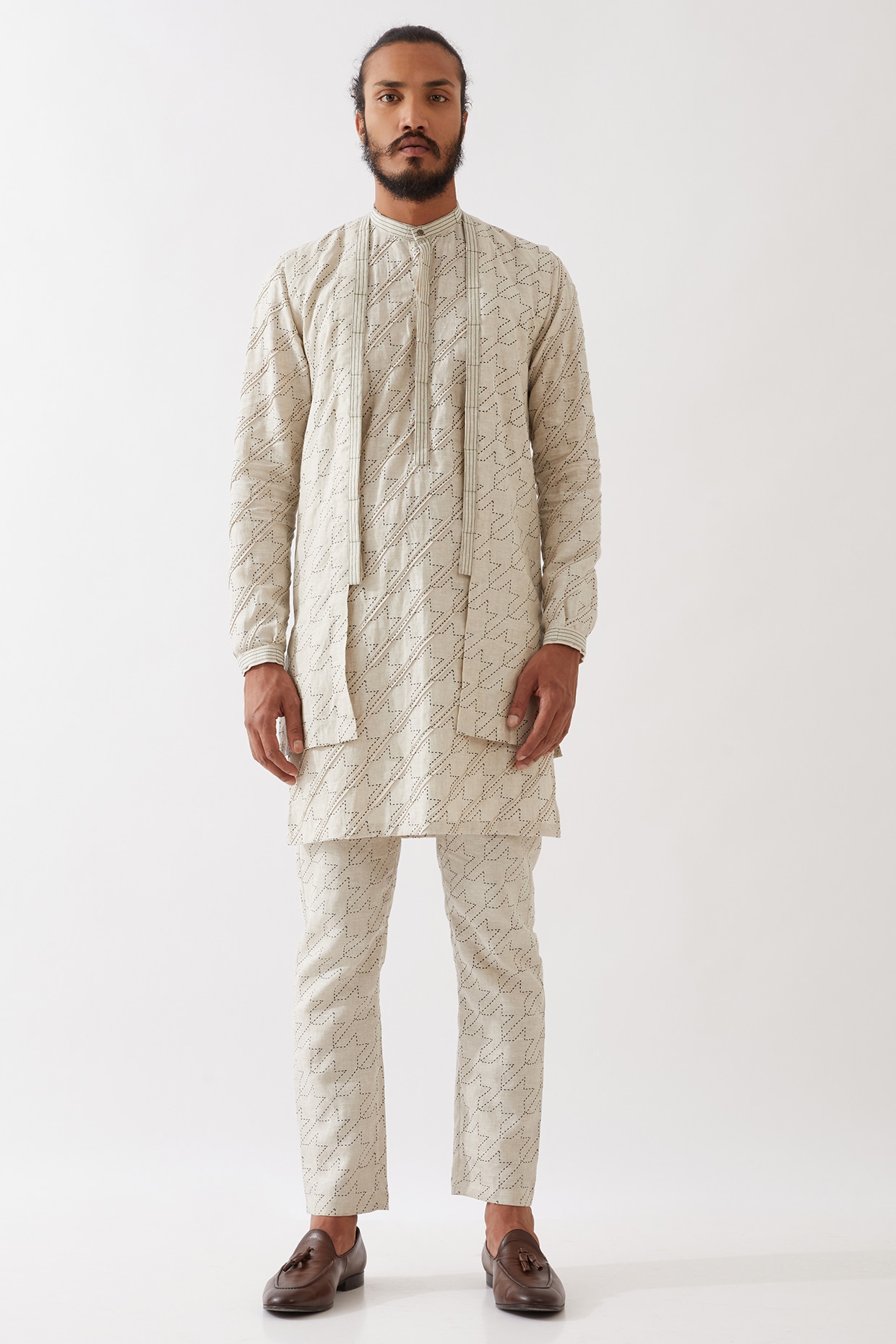 Ivory Linen Printed Indo-Western Jacket Set by Son Of A Noble SNOB Men ...