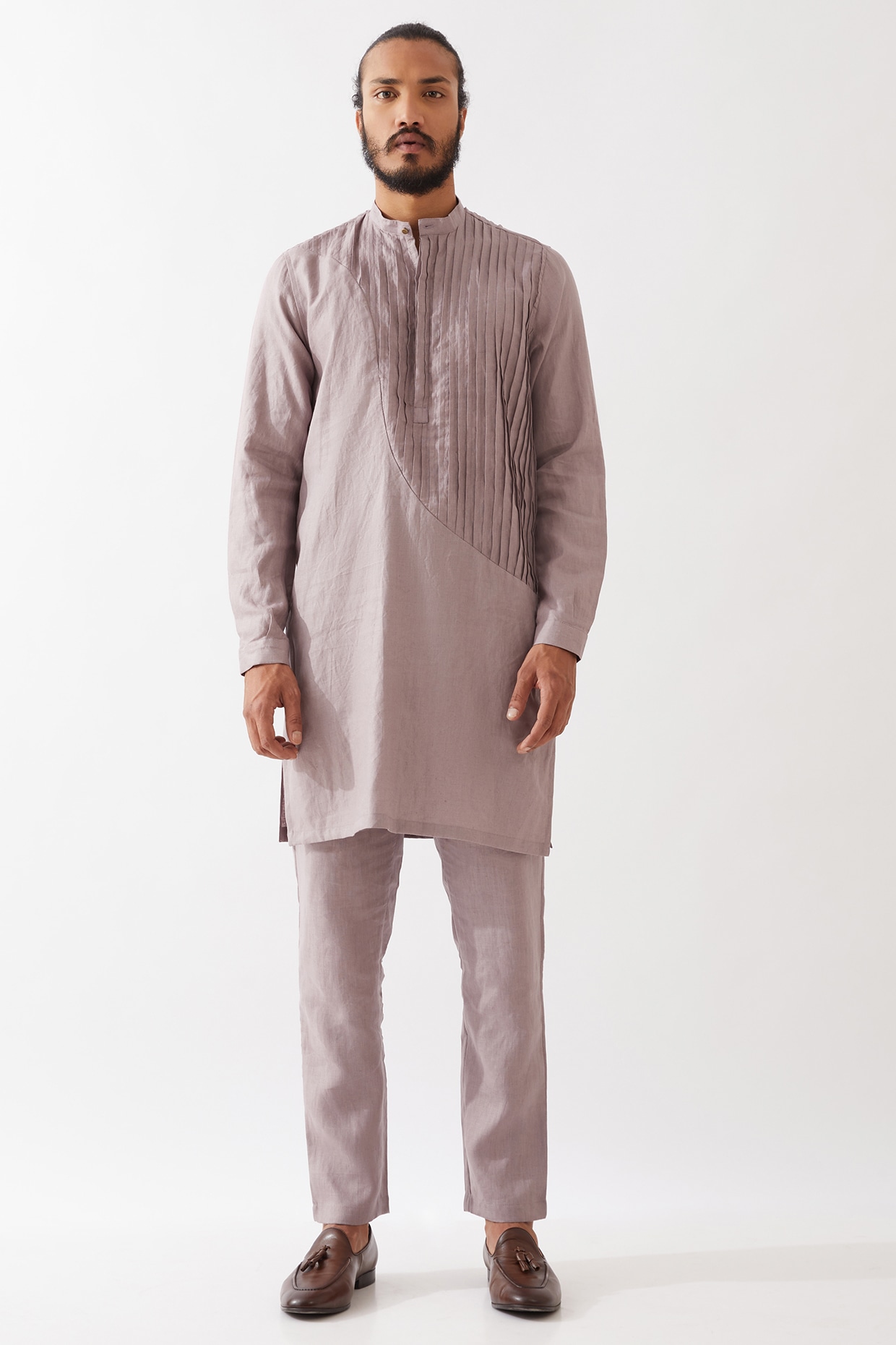 Purple Linen Pleated Textured Kurta Set by Son Of A Noble SNOB Men at ...
