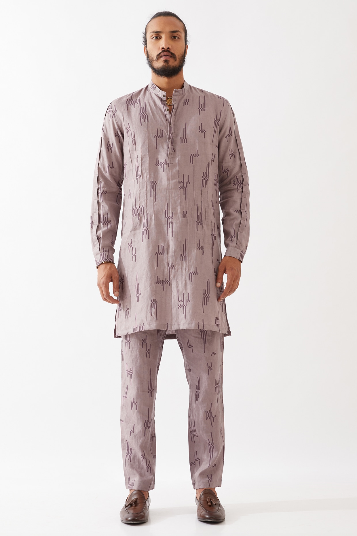 Purple Linen Printed Textured Kurta Set by Son Of A Noble SNOB Men at ...