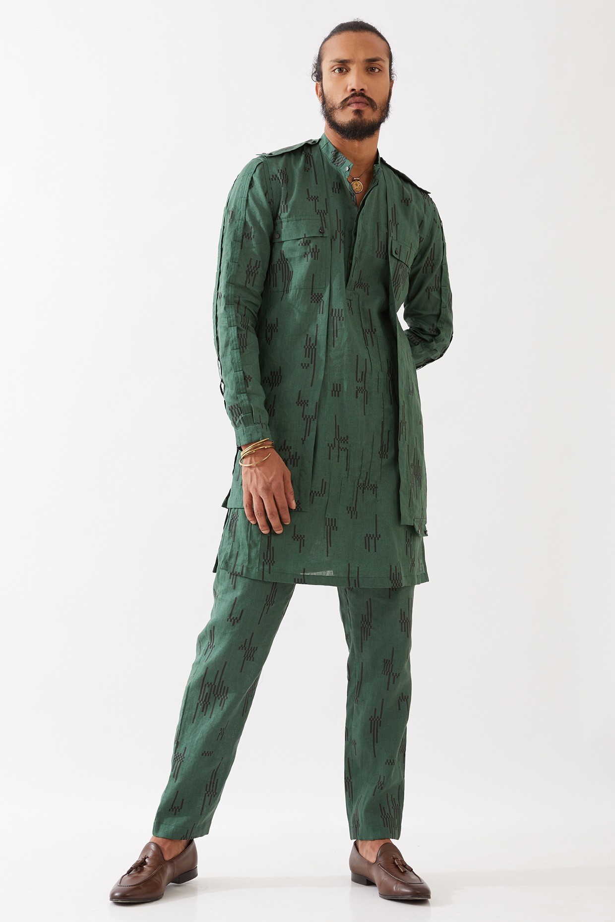 Green Linen Embroidered Indo-Western Jacket Set by Son Of A Noble SNOB ...