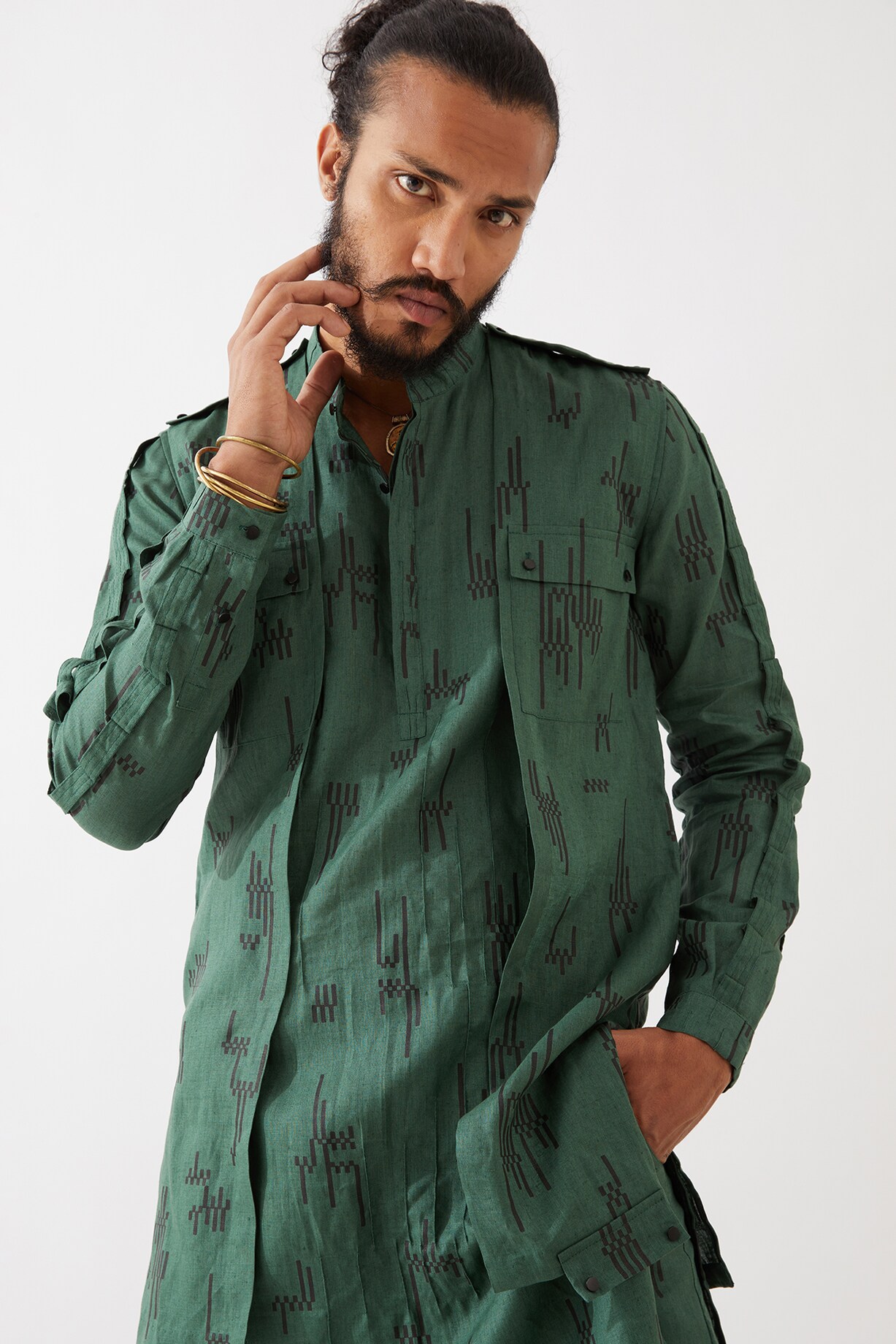 Green Linen Embroidered Indo-Western Jacket Set by Son Of A Noble SNOB ...