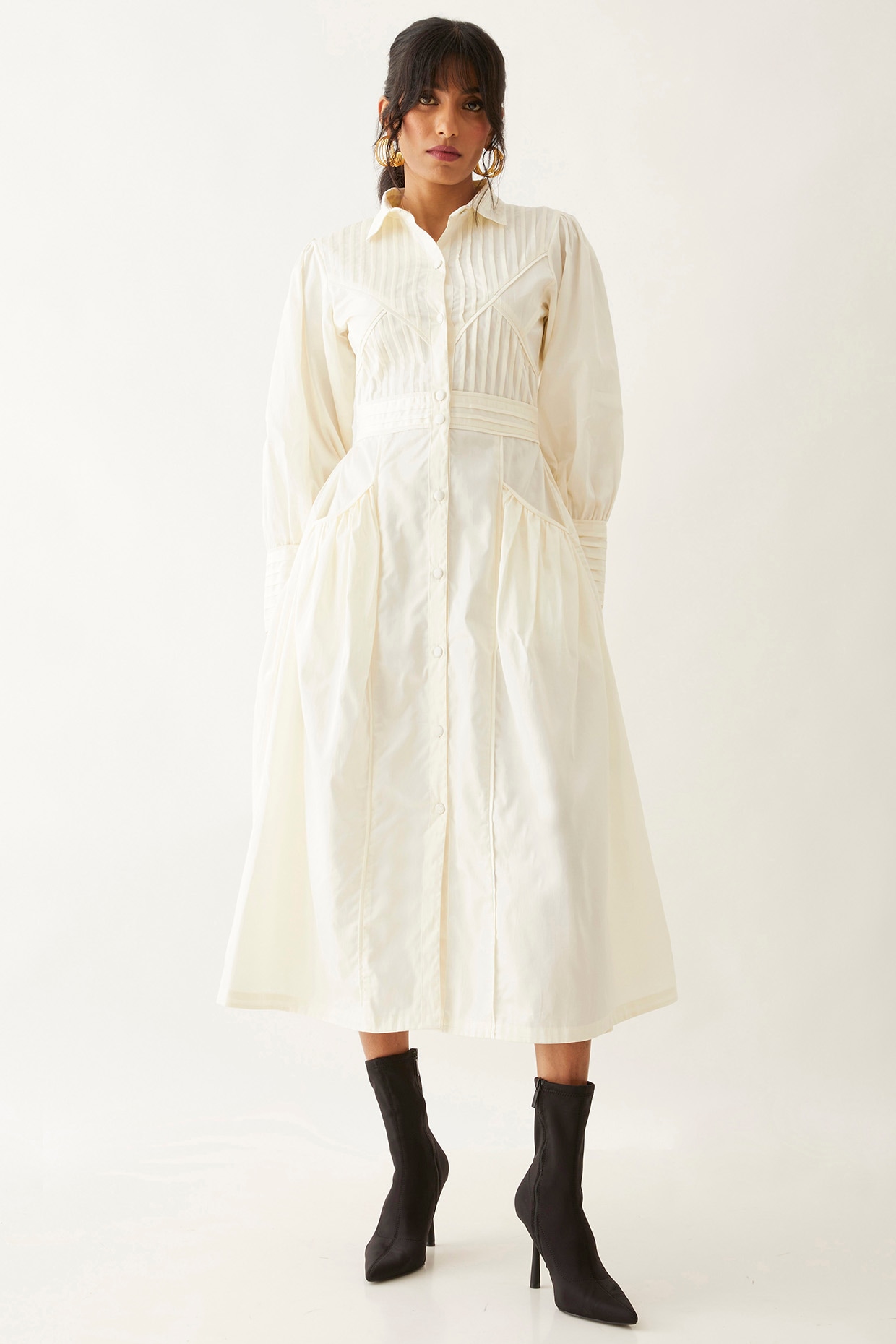 Off-White Cotton Satin Gathered Midi Dress by SNOB at Pernia's Pop Up ...