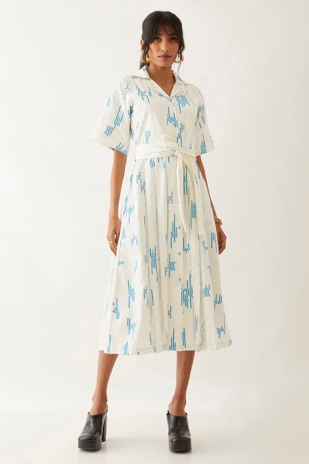 Off-White Cotton Satin Printed Dress by SNOB at Pernia's Pop Up Shop 2025
