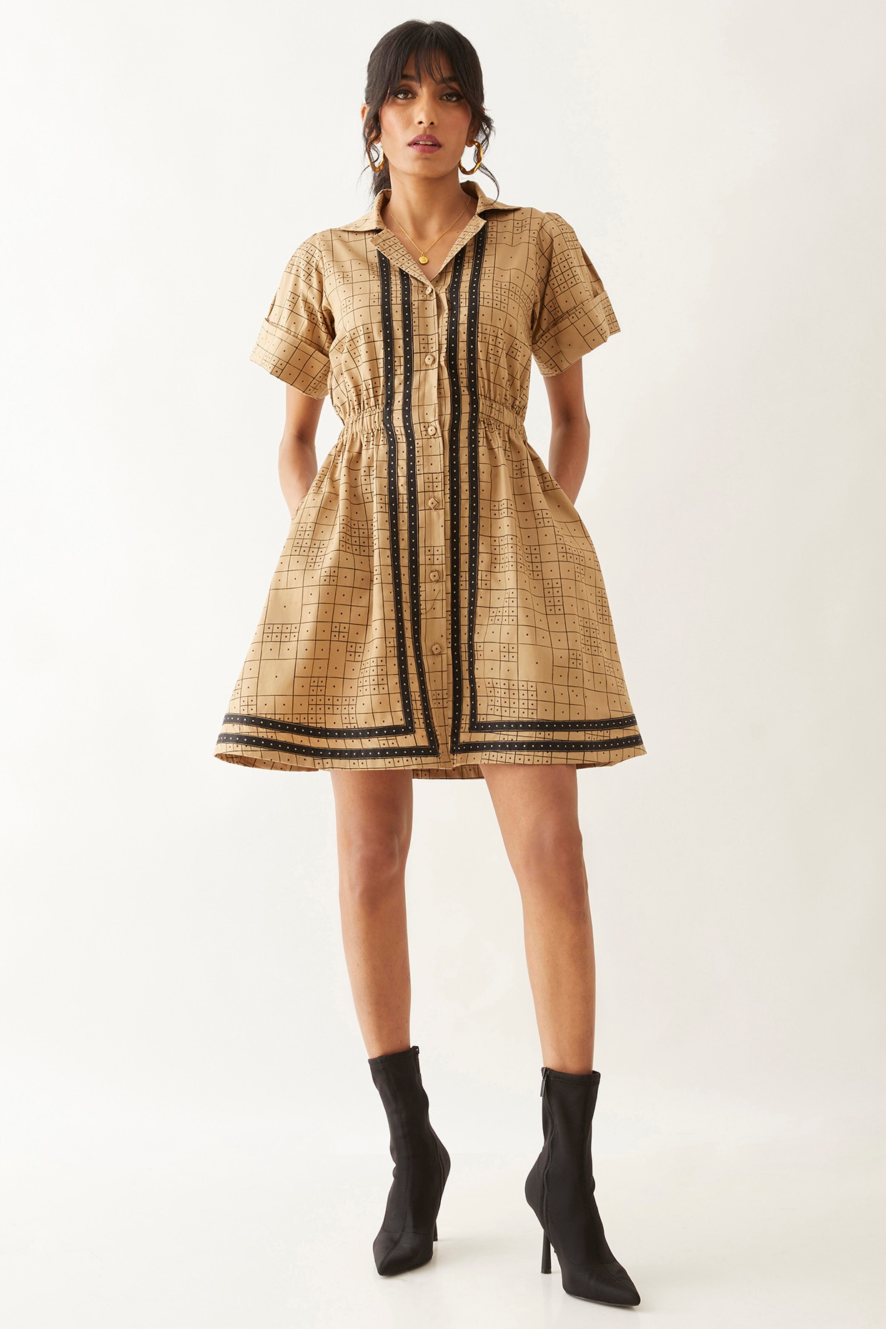 Sand Cotton Satin Printed Dress by SNOB at Pernia's Pop Up Shop 2025