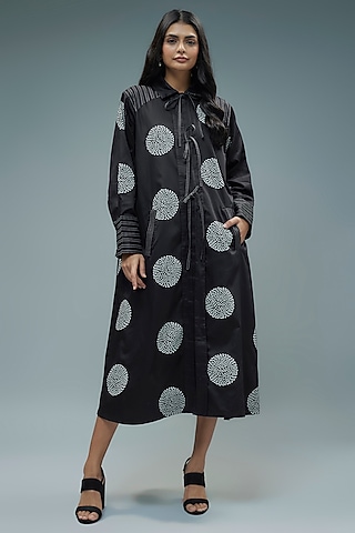 Black Cotton Polka Checks Printed A-Line Midi Dress by SNOB at Pernia's ...