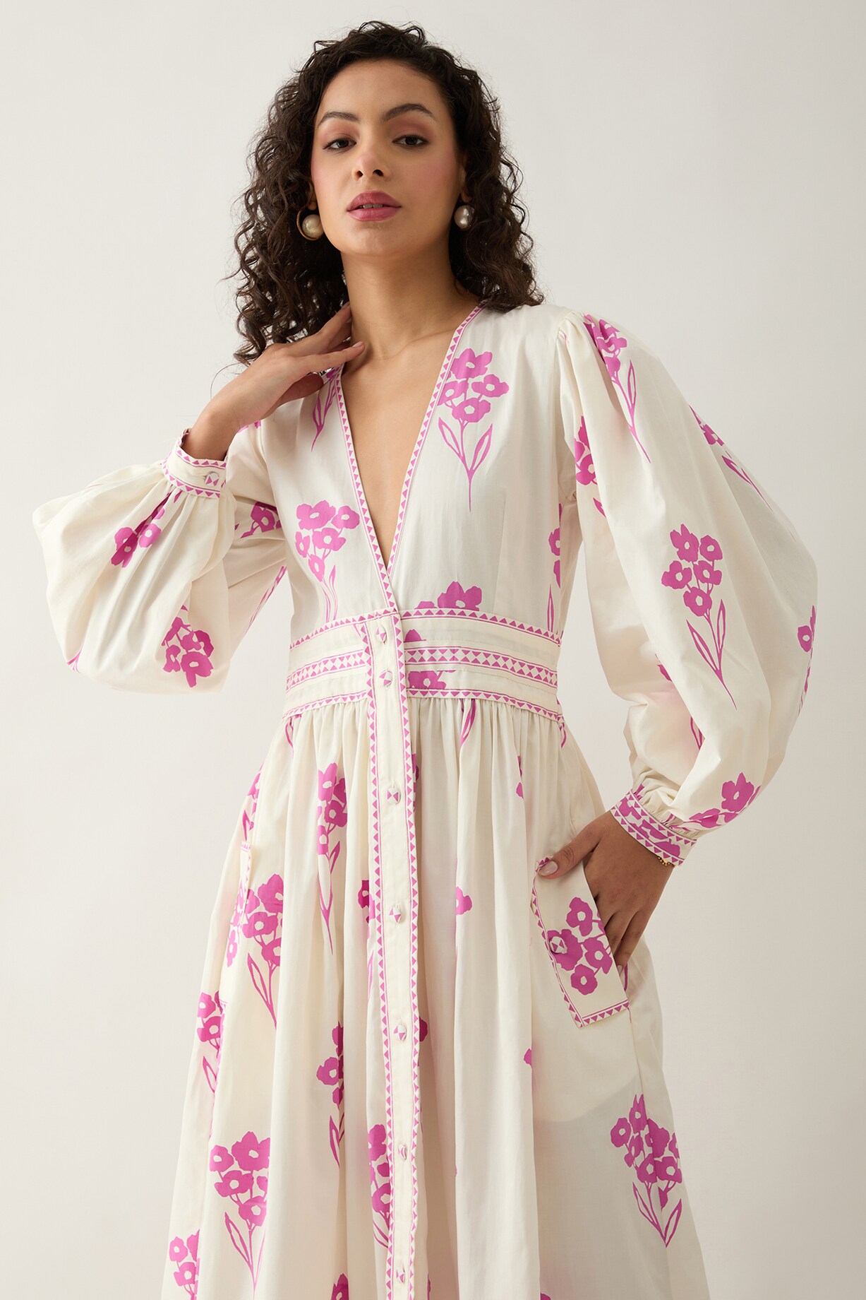 Off-White Cotton Satin Mosaic Printed Flared Midi Vacation Dress by ...