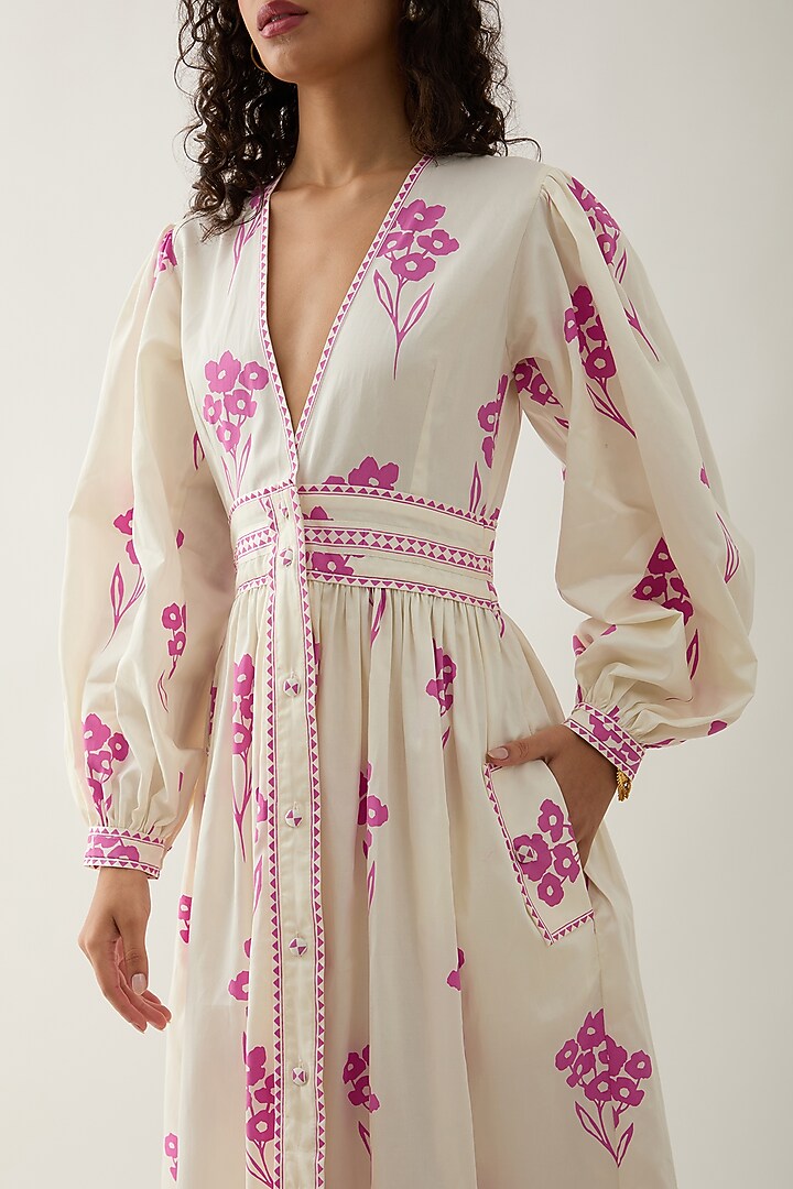 Off-White Cotton Satin Mosaic Printed Flared Midi Vacation Dress by ...