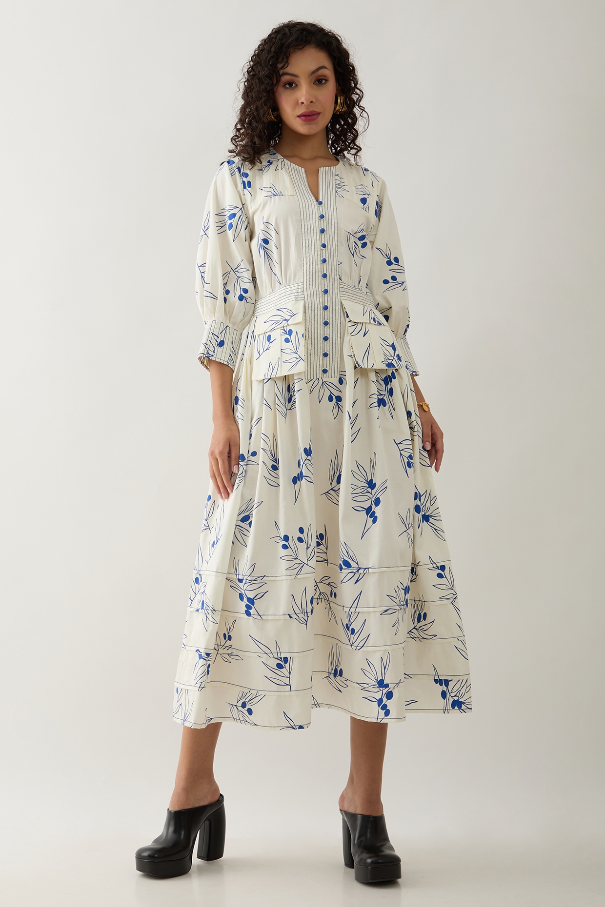 Off-White Cotton Satin Printed Pleated Midi Vacation Dress by SNOB at ...