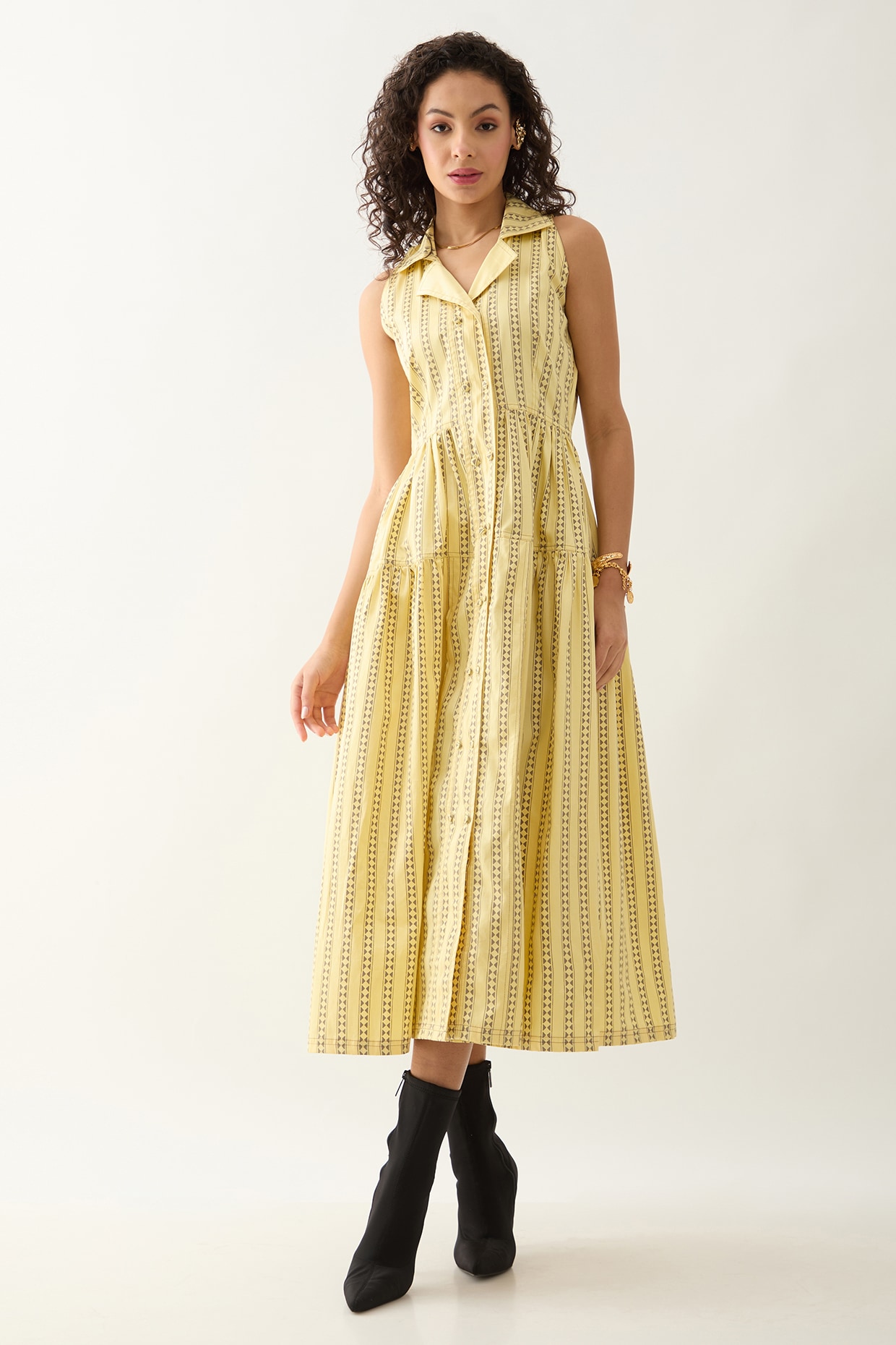 Lime & Off-White Cotton Satin Gathered Midi Summer Dress by SNOB at ...
